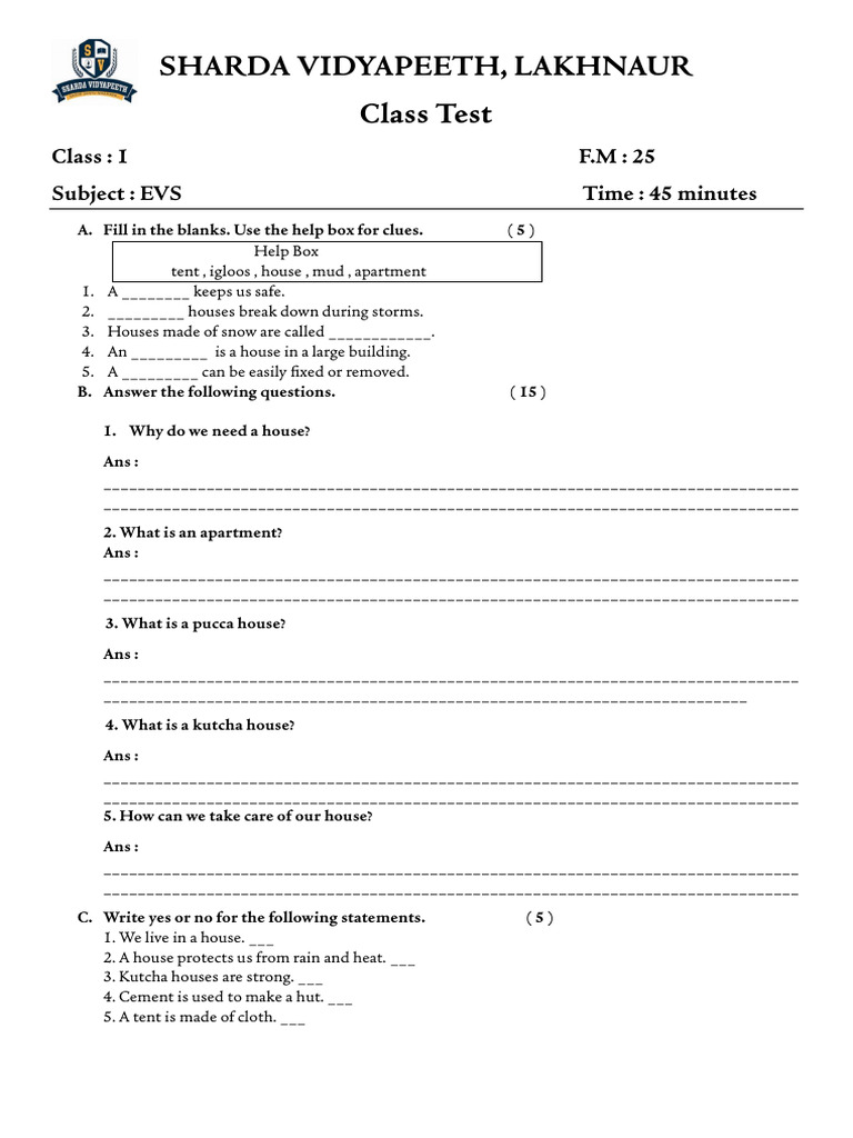 Class 1 EVS Test on Types of Houses | PDF