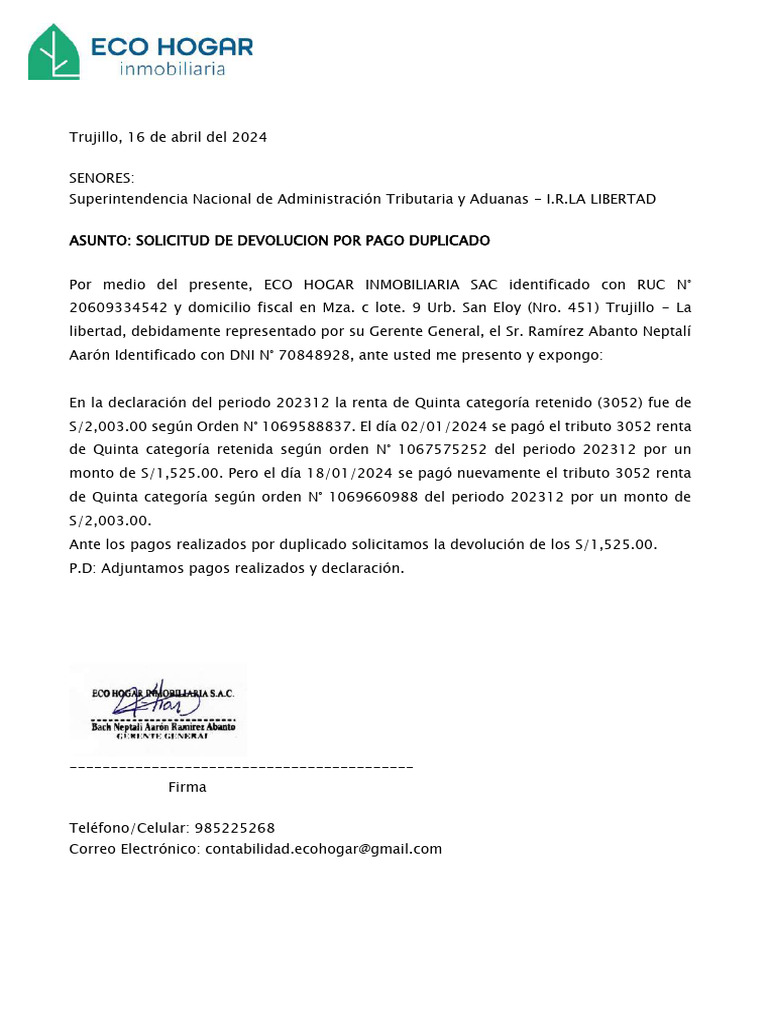 Escrito Solicitud Devolucion Pago Duplicado | PDF