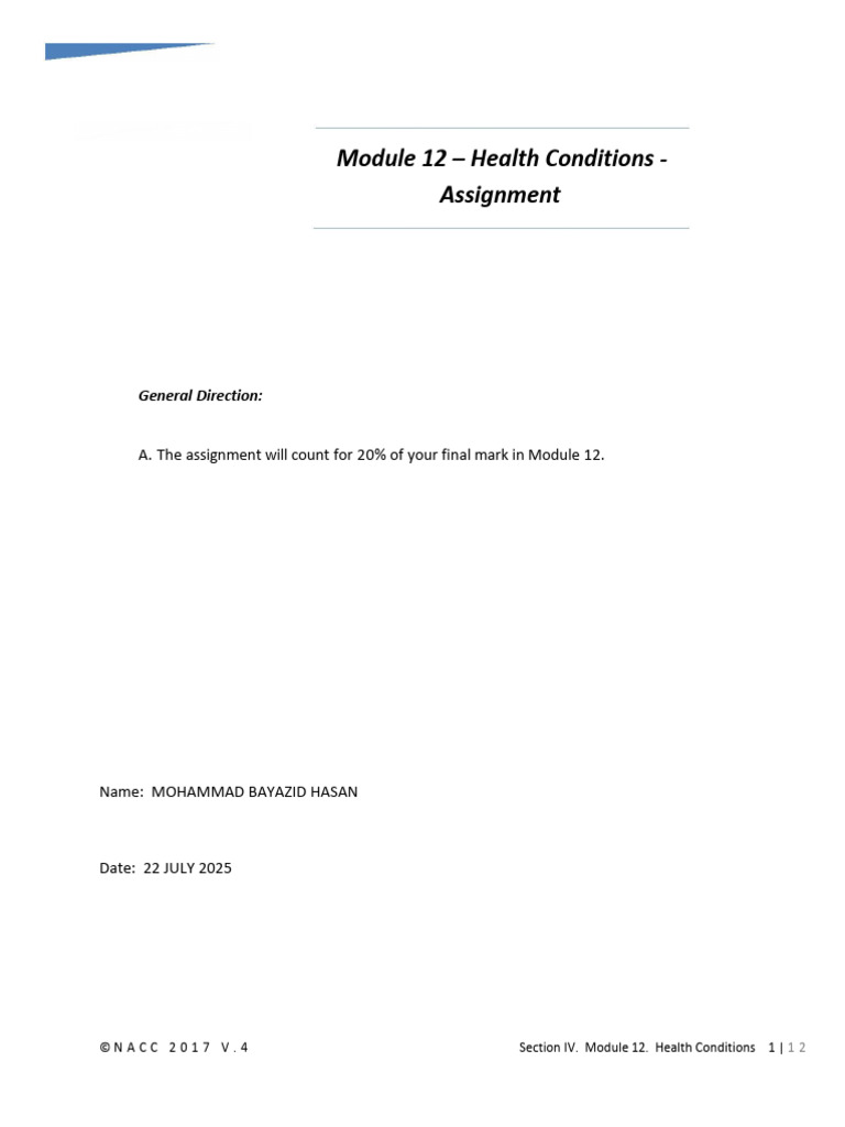 IV-12 Assigmt - Module 12 Health Conditions Mohammd Bayazid Hasan | PDF ...