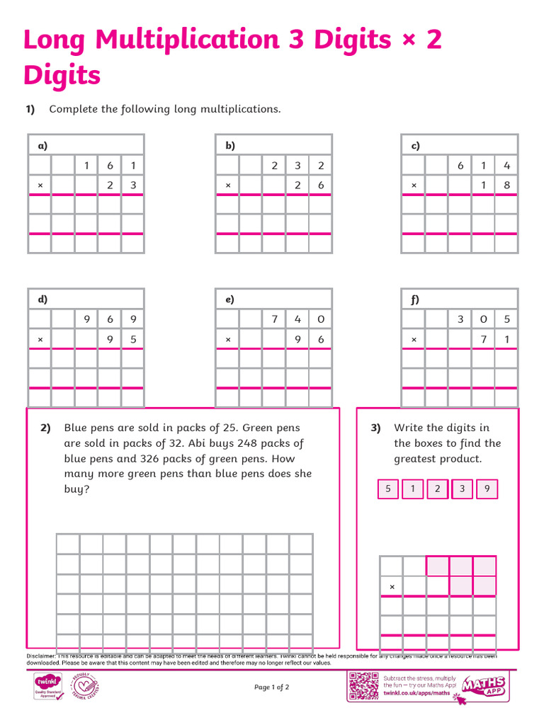 t2 M 1457h Long Multiplication Worksheet 3 Digits X 2 Digits Editable ...