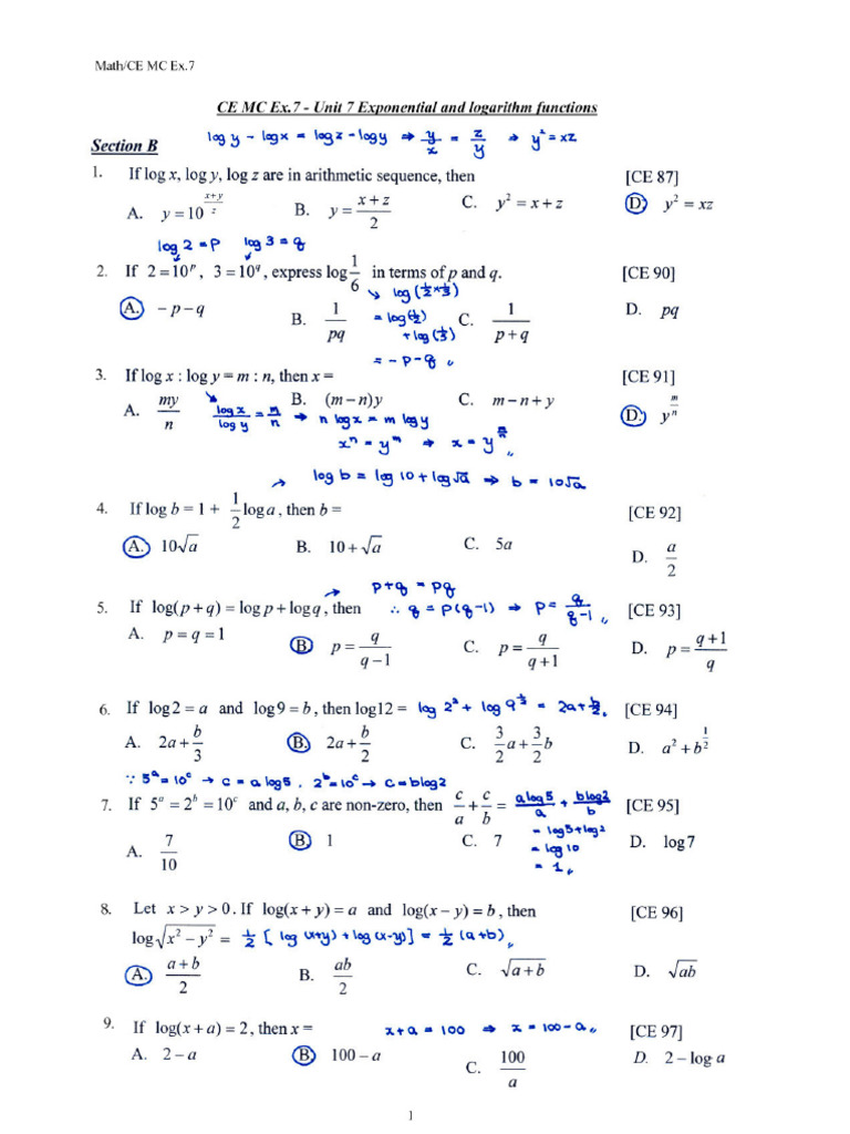 MC Ex (1) .7 - Exponential and Logarithm Functions | PDF