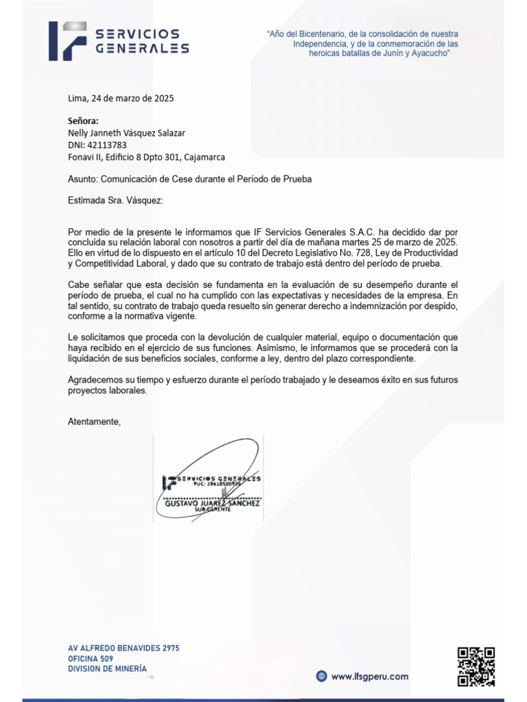 Cese de Relación Laboral en Prueba | PDF