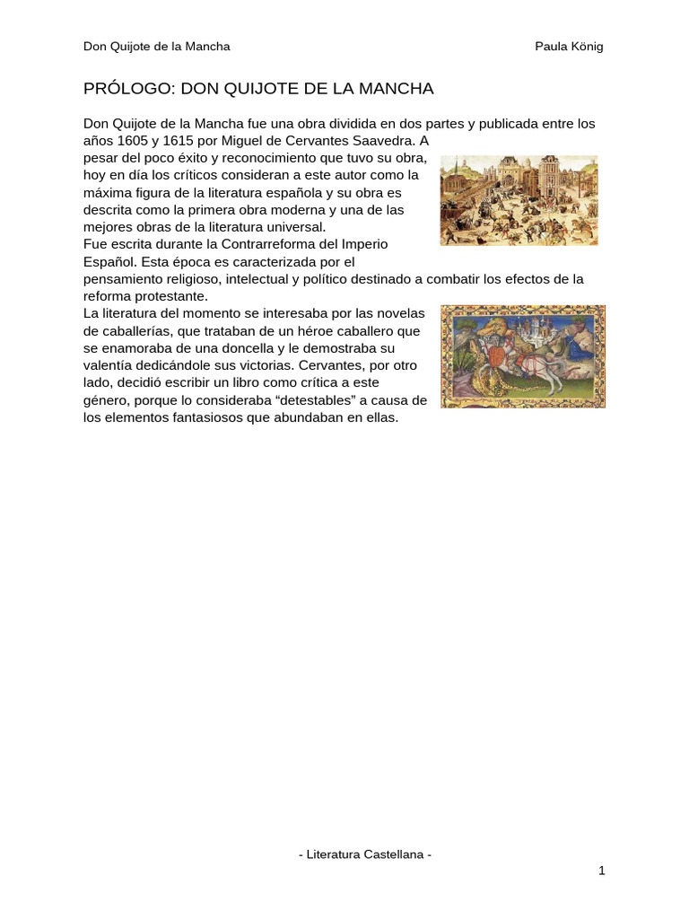 RESEÑA - DON QUIJOTE DE LA MANCHA - PaulaKönig | PDF | Don Quijote ...