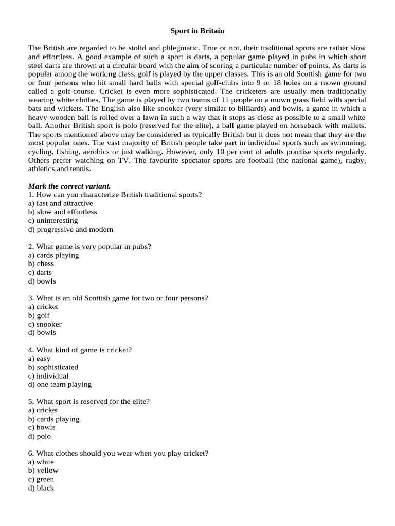 Sport in Britain Reading Comprehension Exercises 65197 | PDF | Sports ...