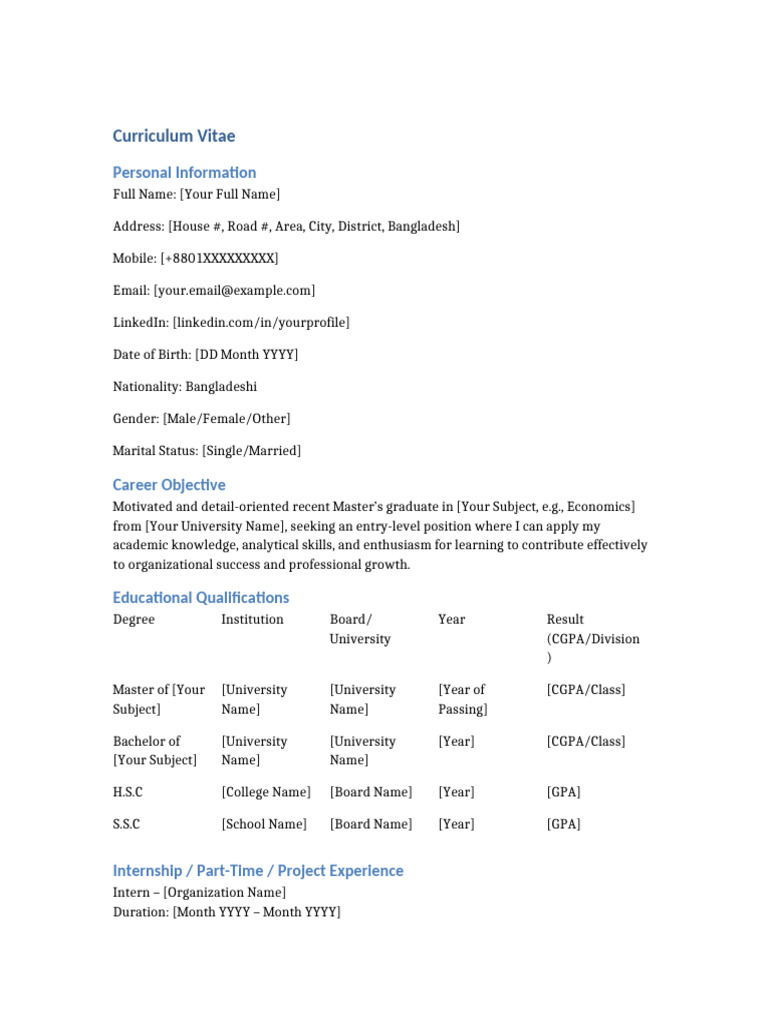 Bangladeshi Graduate CV Template | PDF