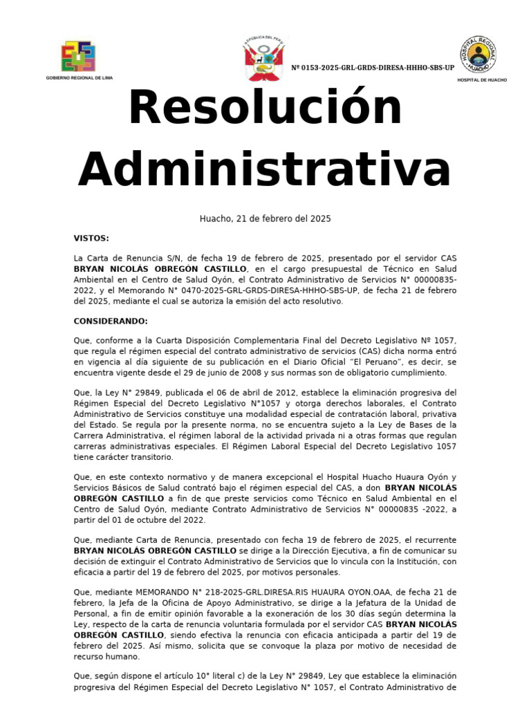 R.A. #0153-2025 - Renuncia Cas - Bryan Nicolás Obregón Castillo | PDF ...