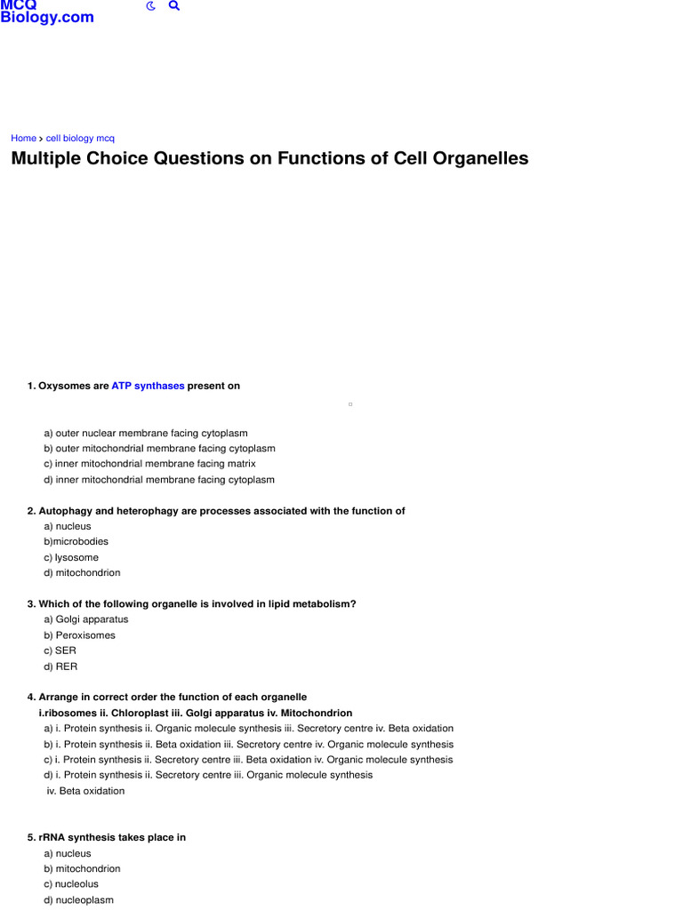 Multiple Choice Questions On Functions of Cell Organelles | PDF ...