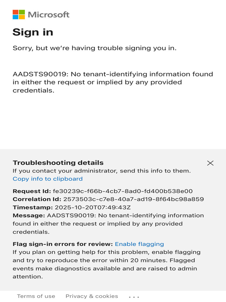 Azure Sign-In Error AADSTS90019 | PDF