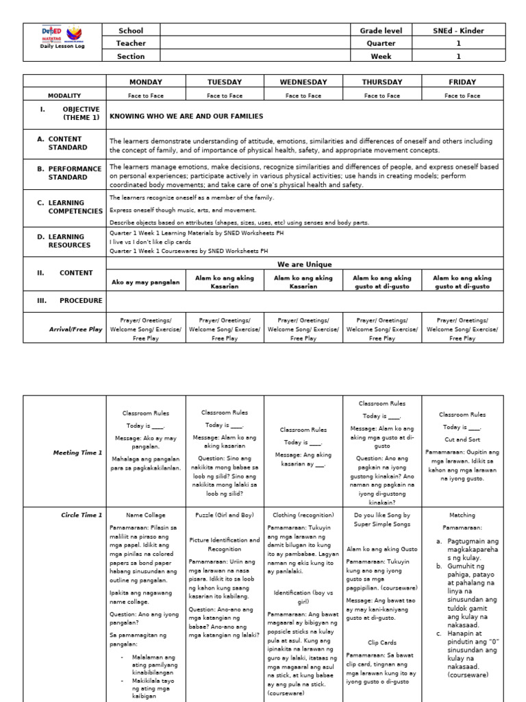 SNEd Kinder - DLL Matatag Q1 W1 | PDF