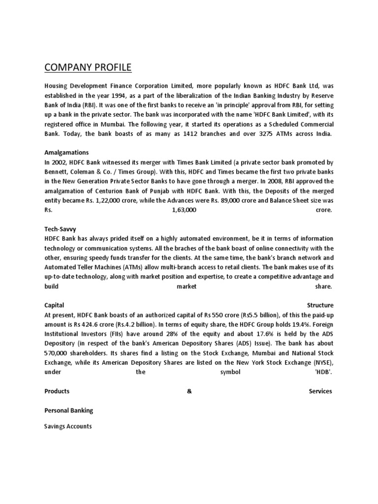 Company Profile HDFC | PDF | Reserve Bank Of India | Banks