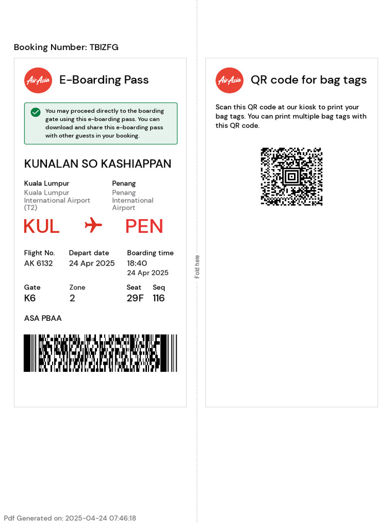 E-Boarding Pass QR Code For Bag Tags: Booking Number: TBIZFG | PDF