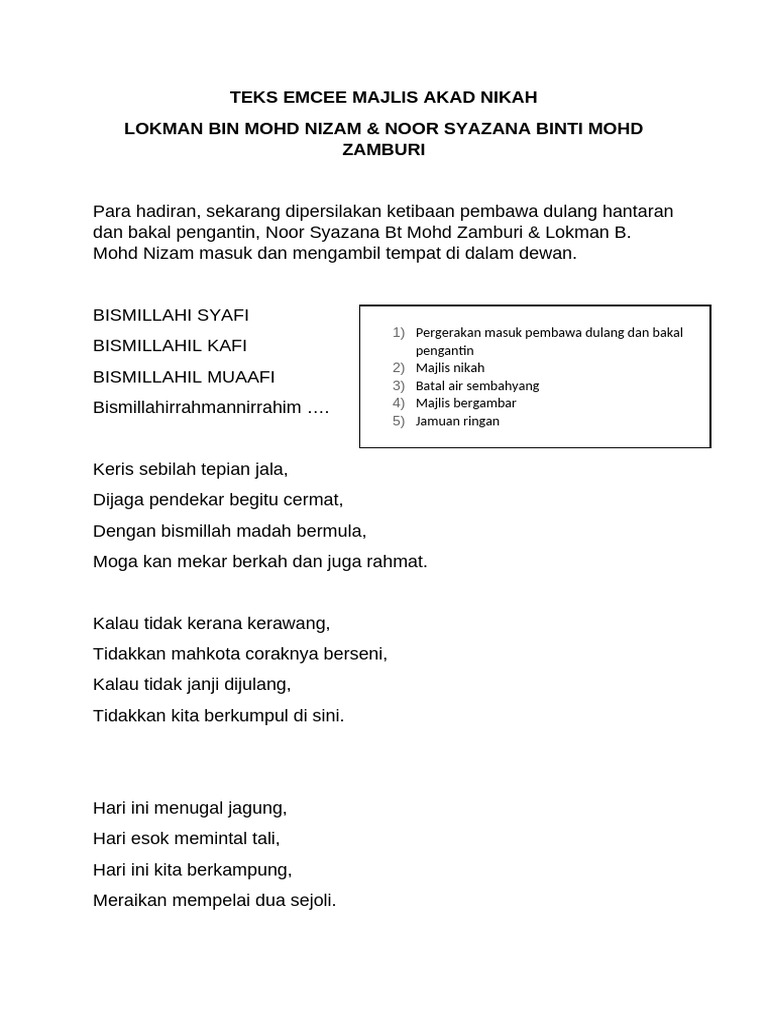 Teks Emcee Majlis Akad Nikah Lokman & Syazana | PDF