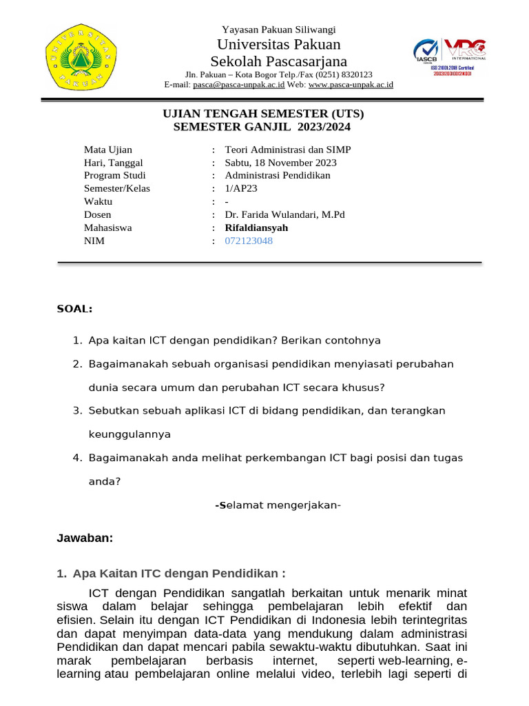 Jawaban UTS Teori Administrasi Dan SIMP | PDF