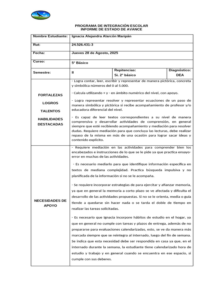 Informe de Avance: Programa Escolar Ignacia | PDF | Memoria | Salón de ...