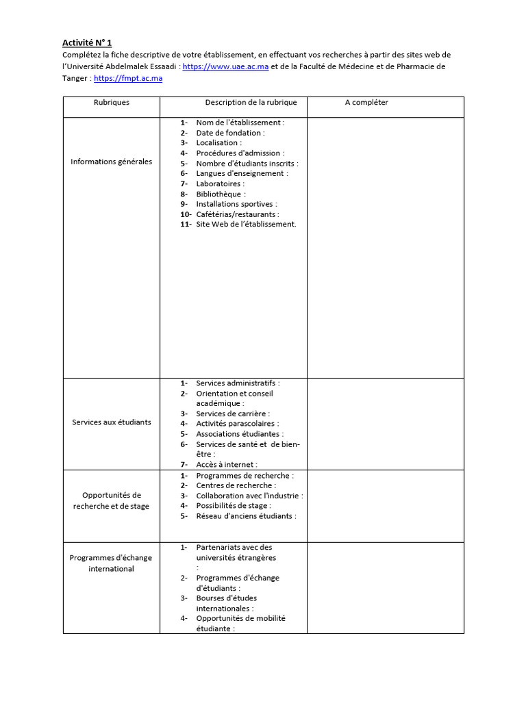 Fiche descriptive de l'établissement universitaire | PDF