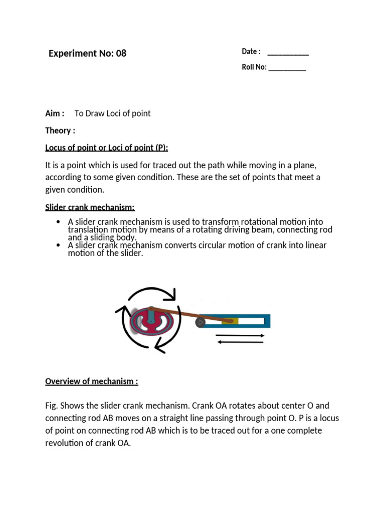 Experiment No.8 (Loci of Point-Slider Crank Mechanism) | PDF