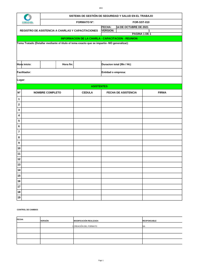 For-sst-010-Registro de Asistencia A Charlas y Capacitaciones | PDF