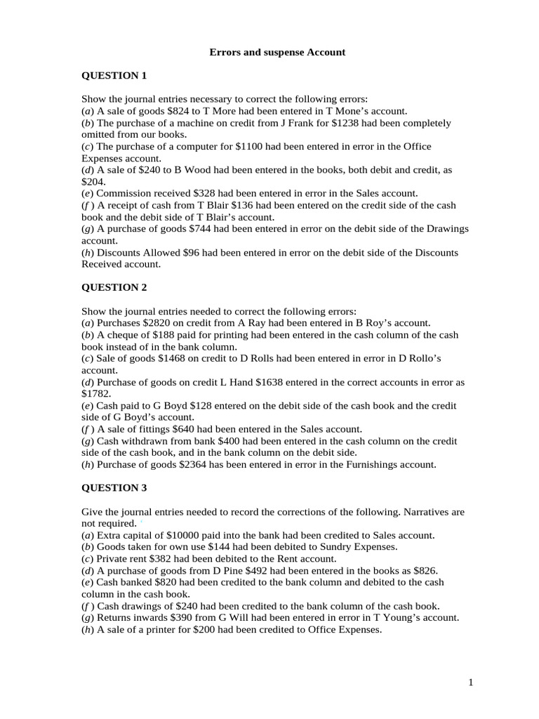 Journal Entries for Accounting Errors Correction | PDF | Debits And ...