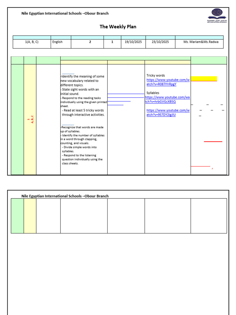 Weekly Plan Eng G1 B2 W1 (Obour Branch) | PDF | Phonics | Cognitive Science