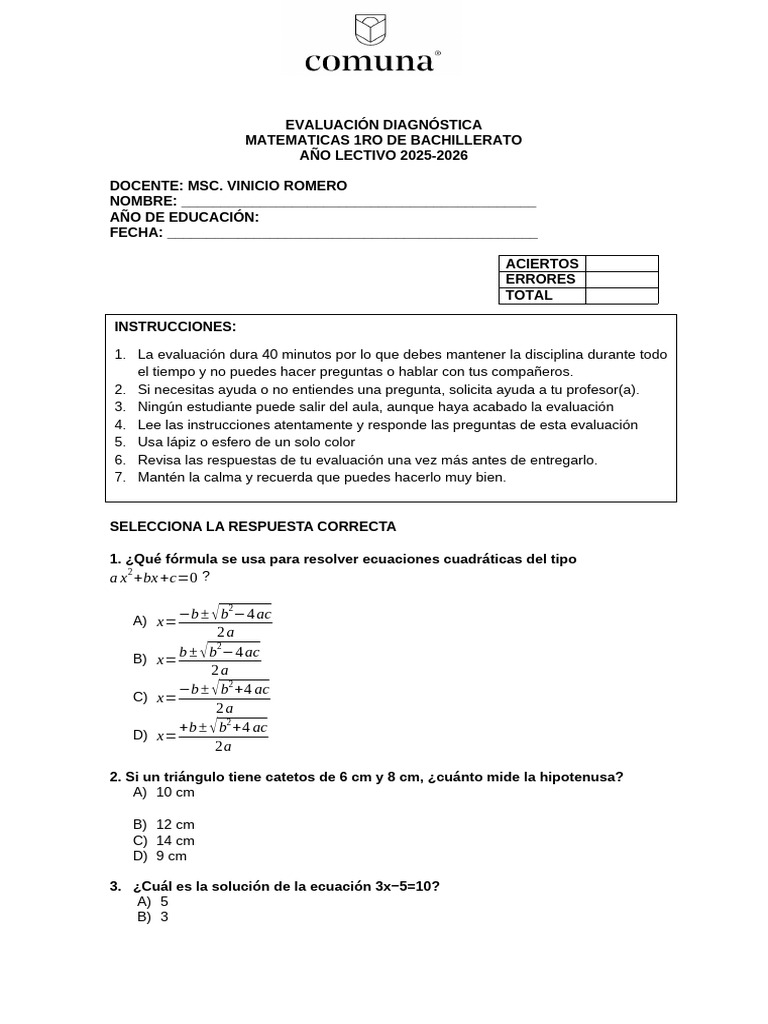 Evaluación Diagnóstica Matemáticas 1ro Bachillerato | PDF ...