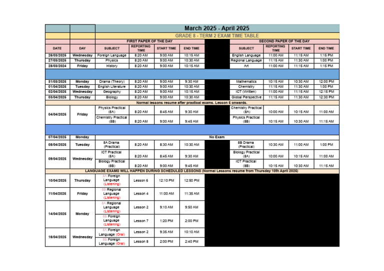 Grade 8 Term 2 Exam Timetable 2025 | PDF