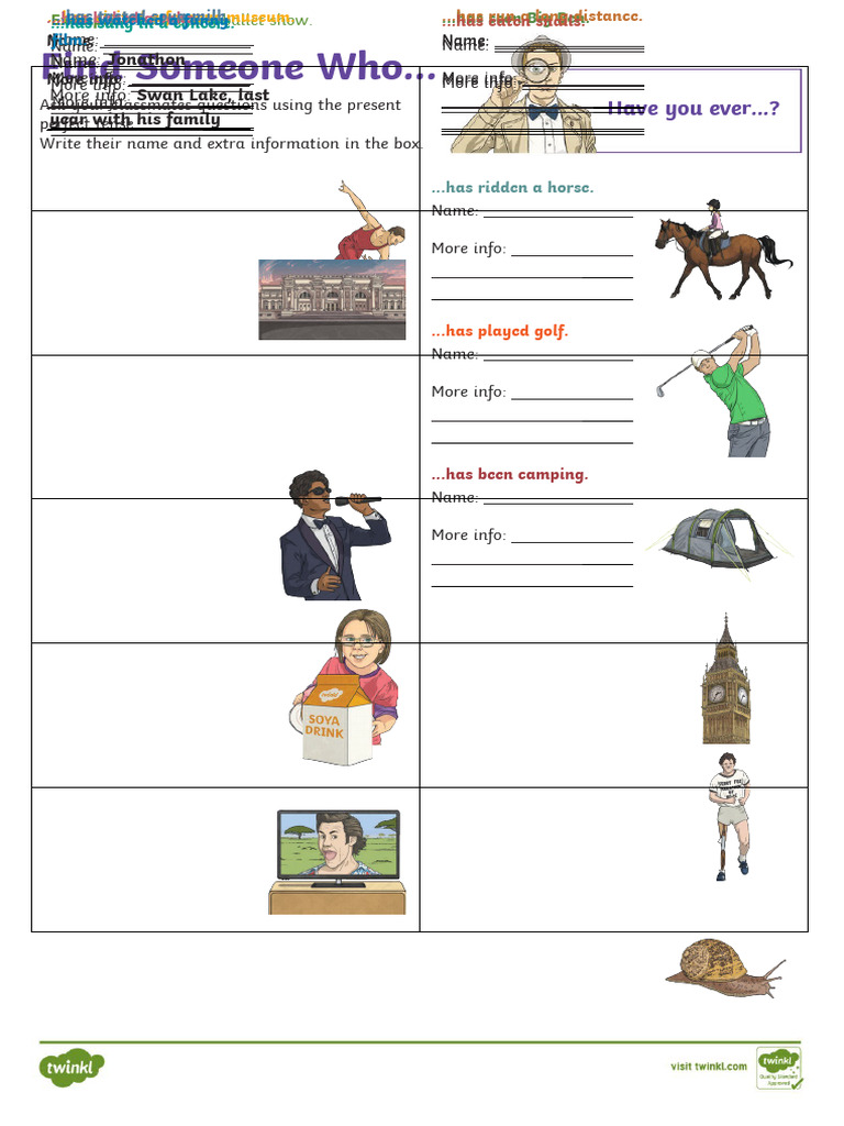 t2 Esl 001c Esl Find Someone Who Present Perfect Speaking Activity ...