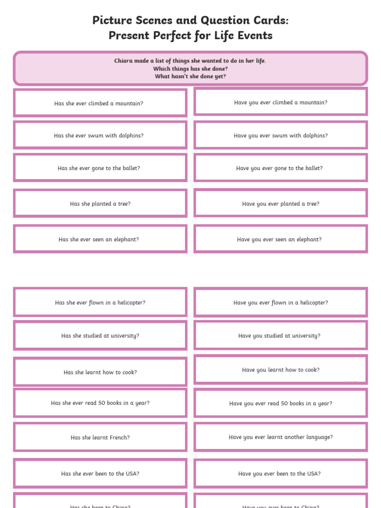 T MFL 279b Picture Scenes and Question Cards Present Perfect For Life ...