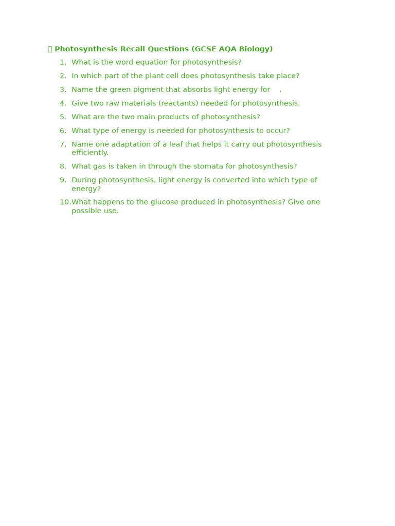 Photosynthesis GCSE Recall Questions | PDF