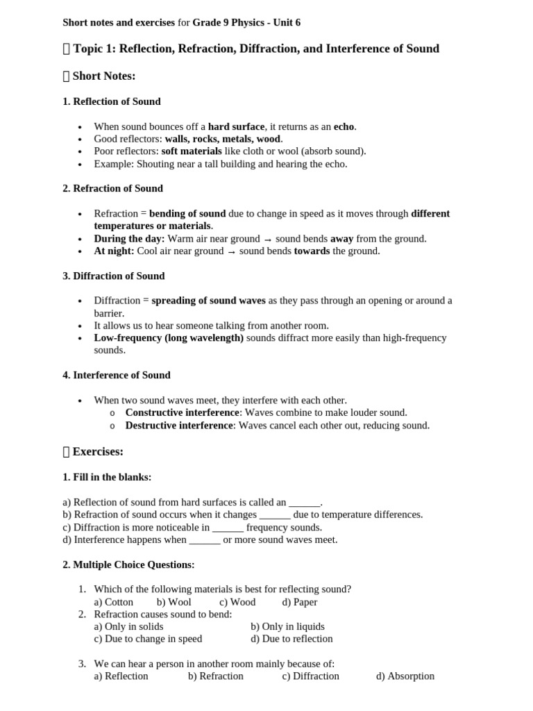 Short Notes and Exercises for Grade 9 Physics on Unit 6 Reflection ...