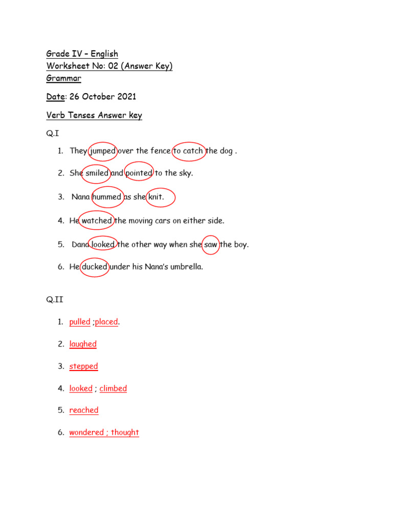 Grade IV English Verb Tenses Answer Key | PDF | Grammatical Tense ...