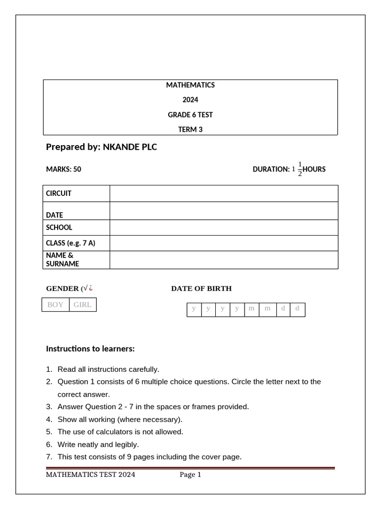 Grade 6 Term 3 Maths Test Nkande PLC | PDF | Shape | Tetrahedron