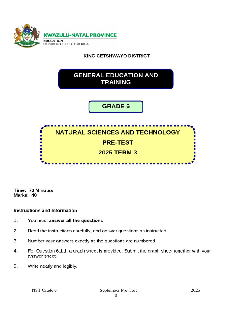 Grade 6 Natural Sciences Pre-Test 2025 | PDF | Insulator (Electricity ...
