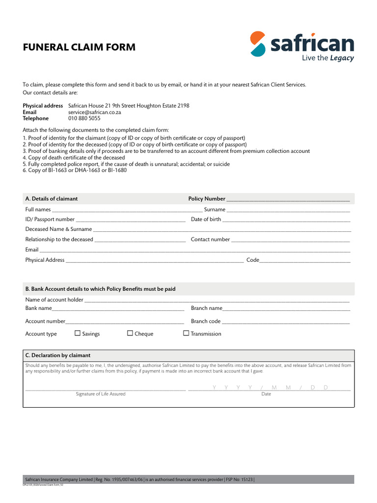 Safrican Funeral Claim Form Instructions | PDF | Identity Document