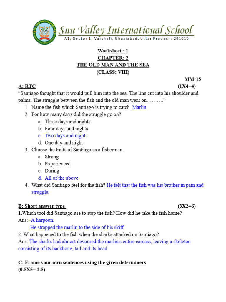 Solved Worksheet The Old Man and The Sea Class Viii | PDF