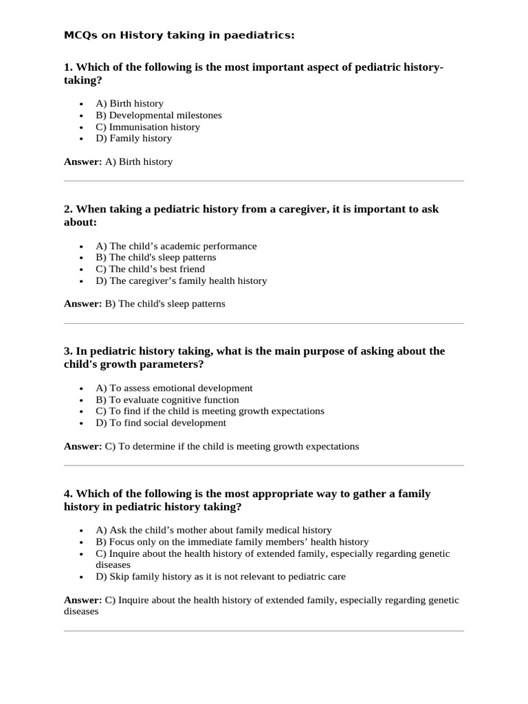 Pediatric History Taking MCQs Guide | PDF | Pediatrics | Caregiver