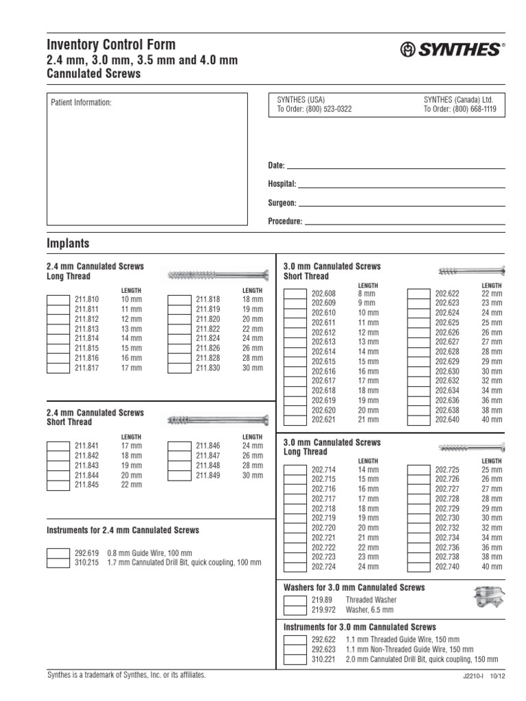 Cannulated Screws Inventory Guide | PDF | Screw | Surgery