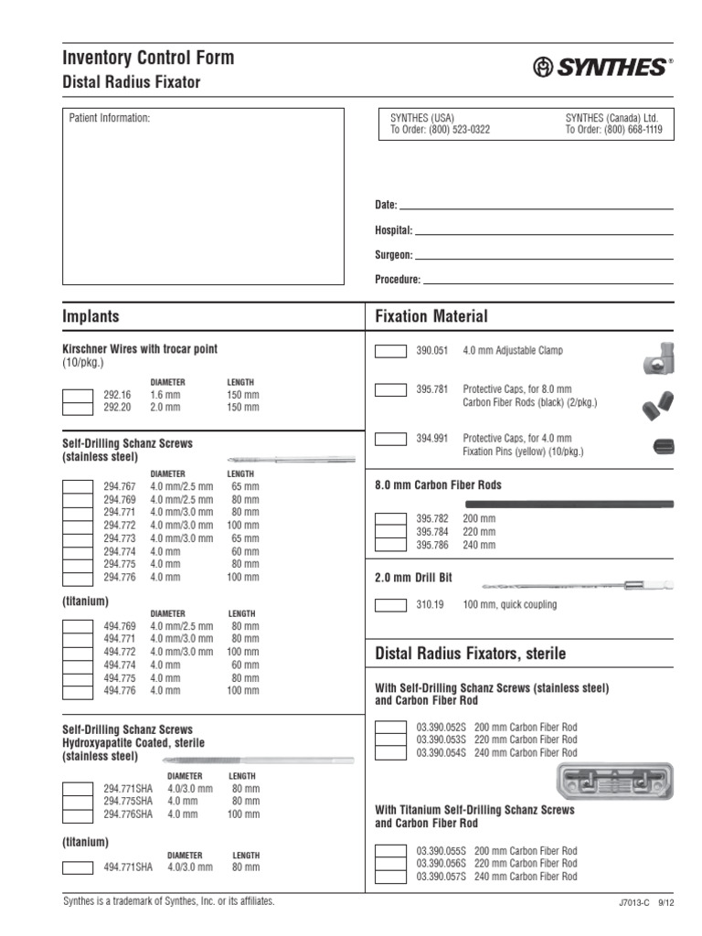 Distal Radius Fixator Inventory Form | PDF | Screw