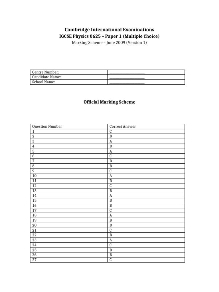 IGCSE Physics June2009 v1 Marking Scheme Formatted | PDF