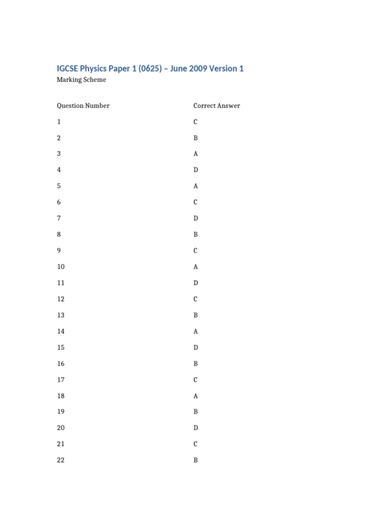 IGCSE Physics June2009 v1 Marking Scheme | PDF