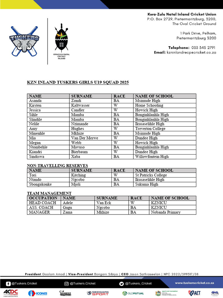 KZN Inland Tuskers U19 Girls Squad 2025pdf | PDF