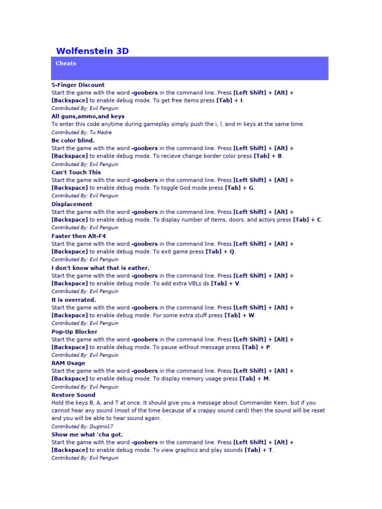 Wolfenstein 3D Cheat Codes Guide | PDF
