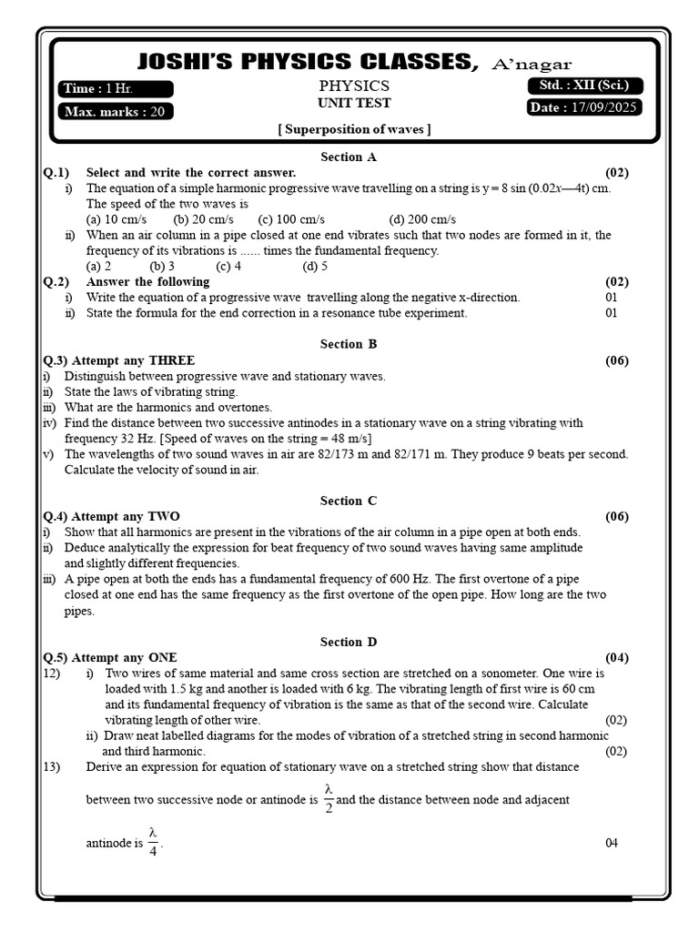 Physics Unit Test: Superposition of Waves | PDF | Harmonic | Waves