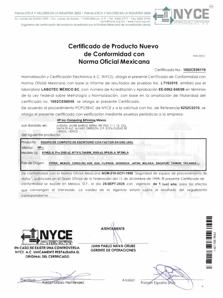 Certificación NOM para HP AIO 2025 | PDF | México