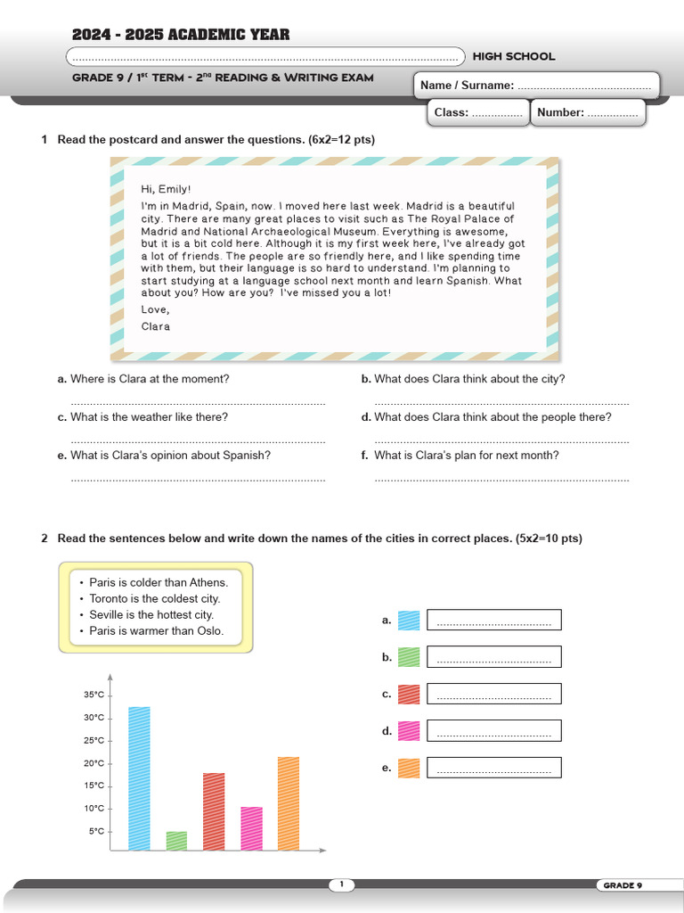 Sinif Reading Writing Exam 2 | PDF