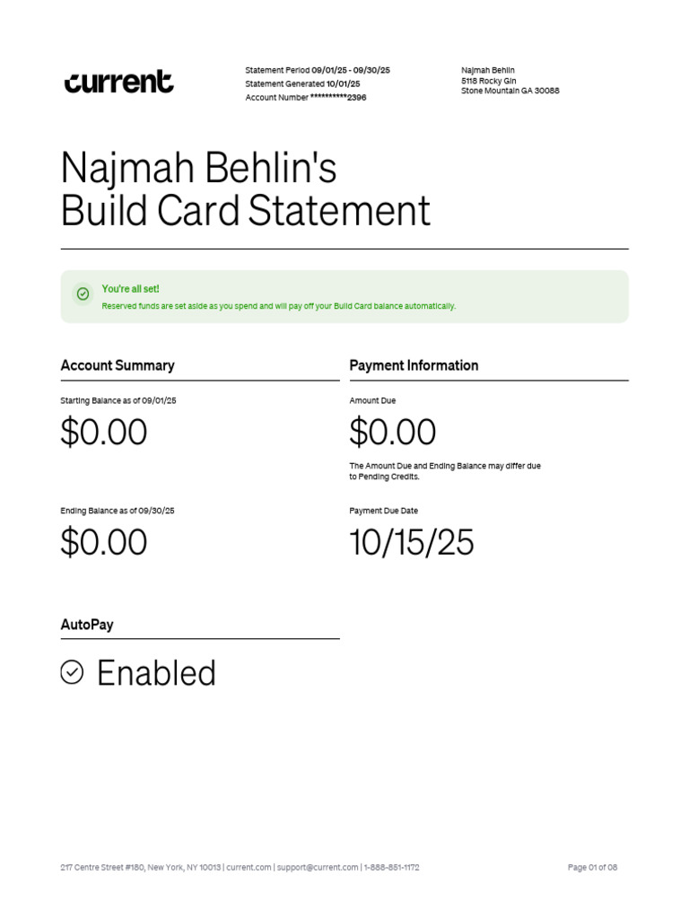 Najmah Behlin's Build Card Statement 09/25 | PDF | Credit Card | Payments