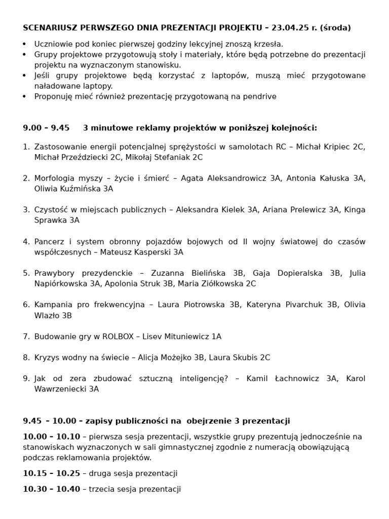Scenariusz Perwszego Dnia Prezentacji Projektu | PDF