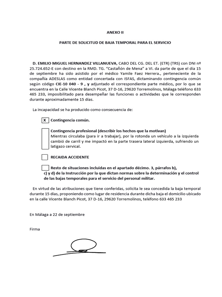 ANEXO II. Solicitud Baja Temporal CABO EMILIO | PDF