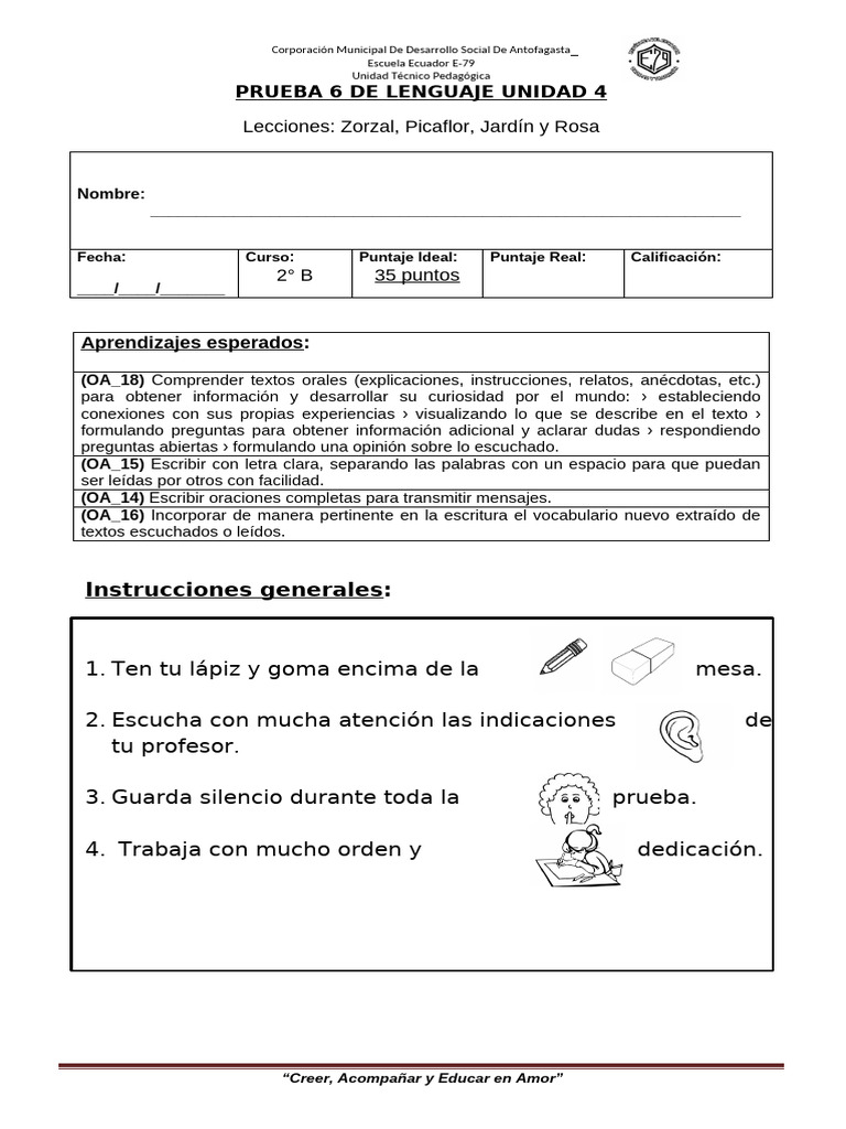 Prueba de Lenguaje 2° Básico: Unidad 4 | PDF | Comunicación humana