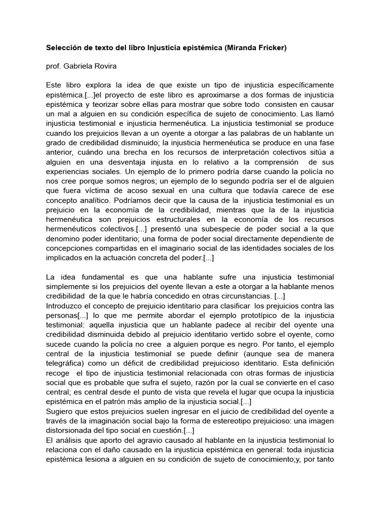 Injusticia Epistémica (Miranda Fricker) | PDF | Prejuicios | Matar a un ...