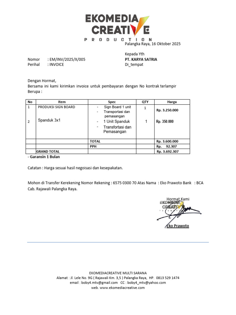 Invoice Produksi Sign Board Palangka Raya | PDF
